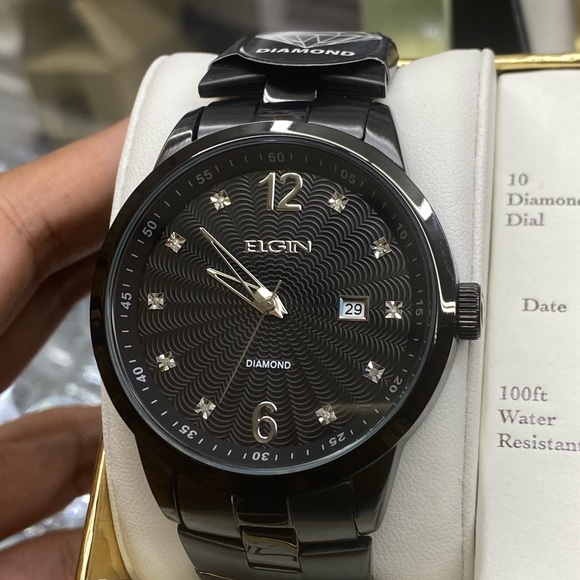 Elgin | Accessories | Mens Elgin Black Stainless Steel Watch With Stone ...
